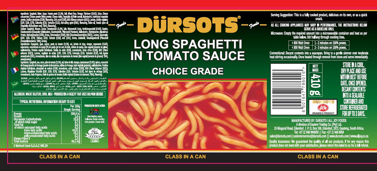 Dursots Long Spaghetti In Tomato Sauce - 12 x 410g – Umlozi International